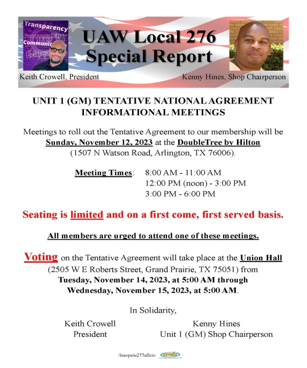 GM Tentative National Agreement Informational Meetings | UAW Local 276