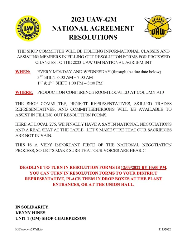 2023 UAW-GM NATIONAL AGREEMENT RESOLUTIONS | UAW Local 276